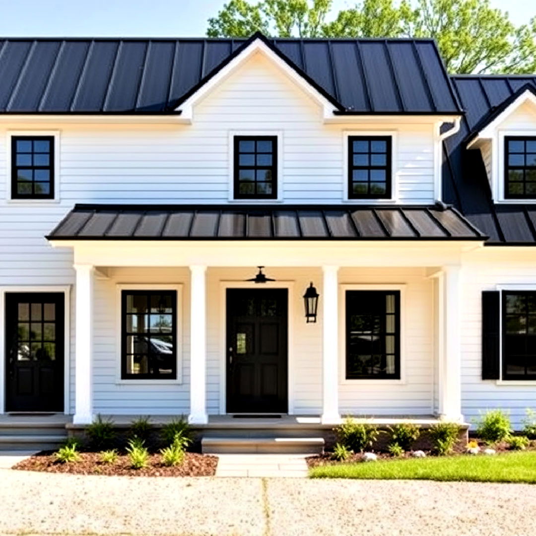 White Farmhouse With Black Metal Roof Timeless Rustic Elegance
